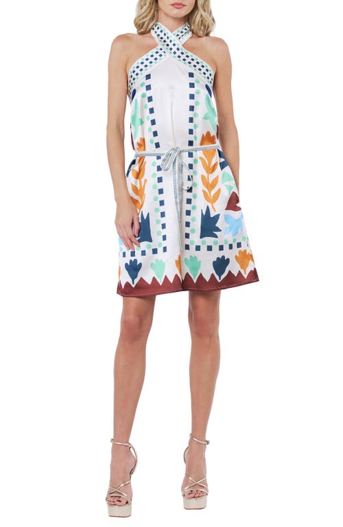 CIEBON CIEBON Sleeveless Halterneck Tie Waist Dress with Geometric Print